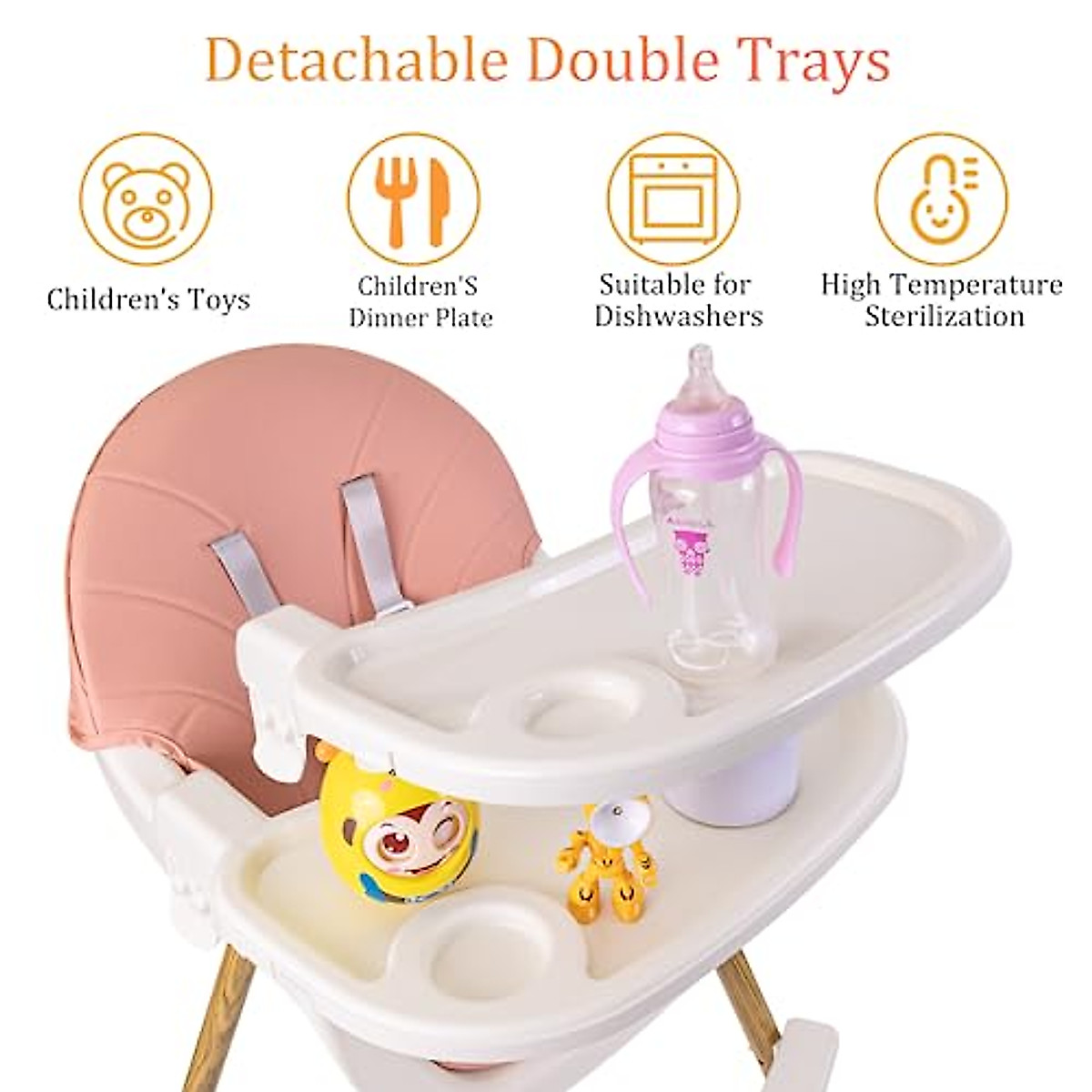 Baby High Chair, 3 in 1 High Chair for Toddlers, Convertible Infant Highchair with Removable Tray & Safety Harness, Adjustable Legs, Made of Sleek Hardwood & Premium Leatherette(Pink)