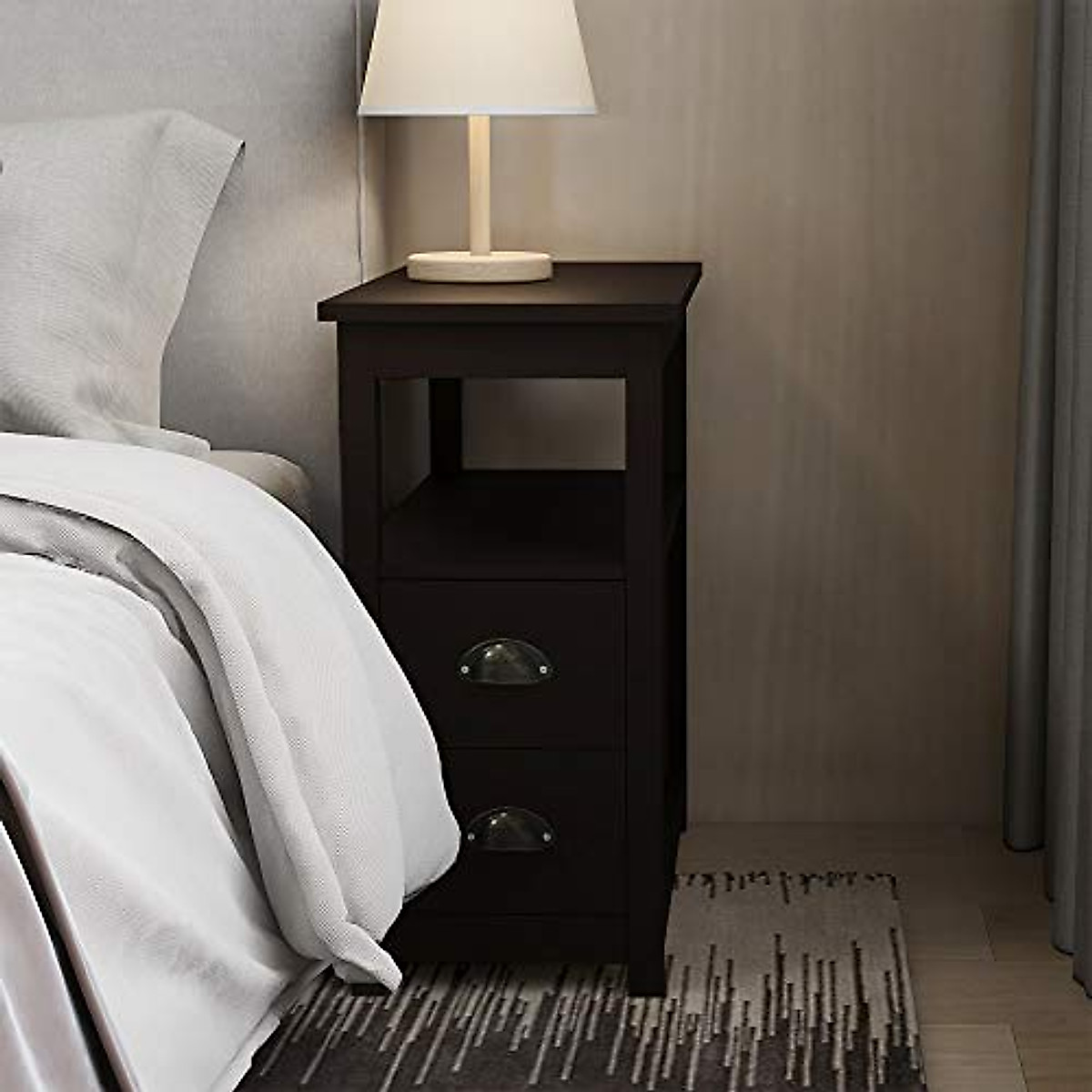 CEMKAR End Table Narrow Nightstand with Two Drawers and Open Shelf Bedside Table, Small Side Table End Table Next to The Sofa,for Bedroom Living Room (Brown)