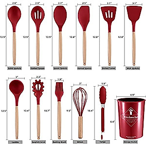 Kitchenware Set wood and silicone 12-piece non-stick frying cooking baking utensils (BPA Free) (Red)