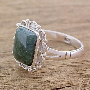 NOVICA Artisan Handmade Jade Cocktail Ring Guatemalan Dark Green Sterling Silver Single Stone [crownbezel 0.7 in L x 0.6 in W x 0.2 in H Band Width 3 mm W] ' Maya Zinnia'