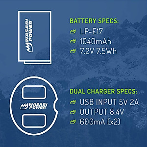 Wasabi Power LP-E17 Battery (2-Pack) and Dual USB Charger for Canon LP-E17 and Canon EOS R10, EOS RP, EOS M6 Mark II, M6, M5, M3, EOS Rebel T8i, T7i, T6i, T6s, EOS Rebel SL3, SL2, EOS 77D