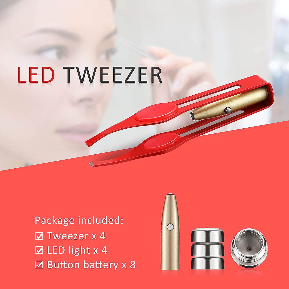 4 Pieces Tweezers with Light, Led Tweezers Stainless Steel Makeup LED Light Eyelash Eyebrow Hair Removal Illuminating Lighted Tweezers for Men and Women (Black, Red, Rose Red, Dark Blue)