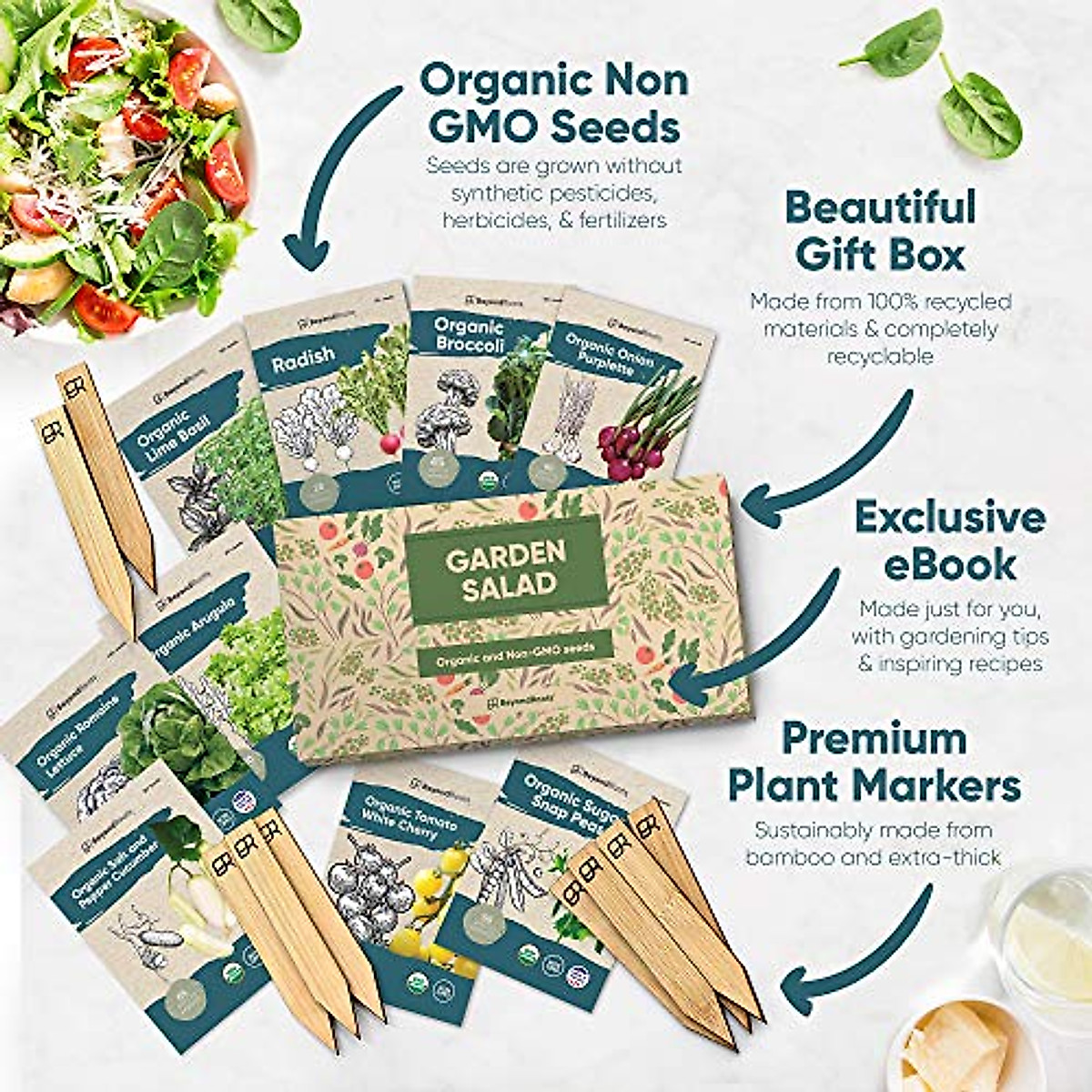 Certified Organic Vegetable Seeds - 9 Heirloom Seeds for Planting Vegetables - Seed Packets & Gift Box - Cherry Tomato, Romaine Lettuce, Broccoli, Cucumber, Radish, Sugar Snap Pea, Arugula, Basil