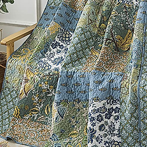 NEWLAKE Cotton Quilted Throw Blanket for Bed Couch Sofa, Reversible Matelasse Blanket with Real Stitched Embroidery,Green Farmhouse Garden,60X78 Inch