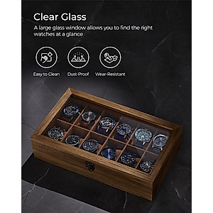 SONGMICS Watch Box, 12-Slot Watch Case, Solid Wood Watch Box Organizer with Glass Lid, Watch Display Case with Removable Pillows, Gift for Loved Ones, Rustic Walnut UJOW120K01