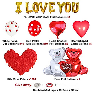 Valentine Day Decoration, I Love You Balloons Teddy Bear Red Heart Balloons Set with 1000 Pcs Silk Red Rose Petals for Anniversary Romantic Decorations, Valentine's day party Wedding Flower Decoration