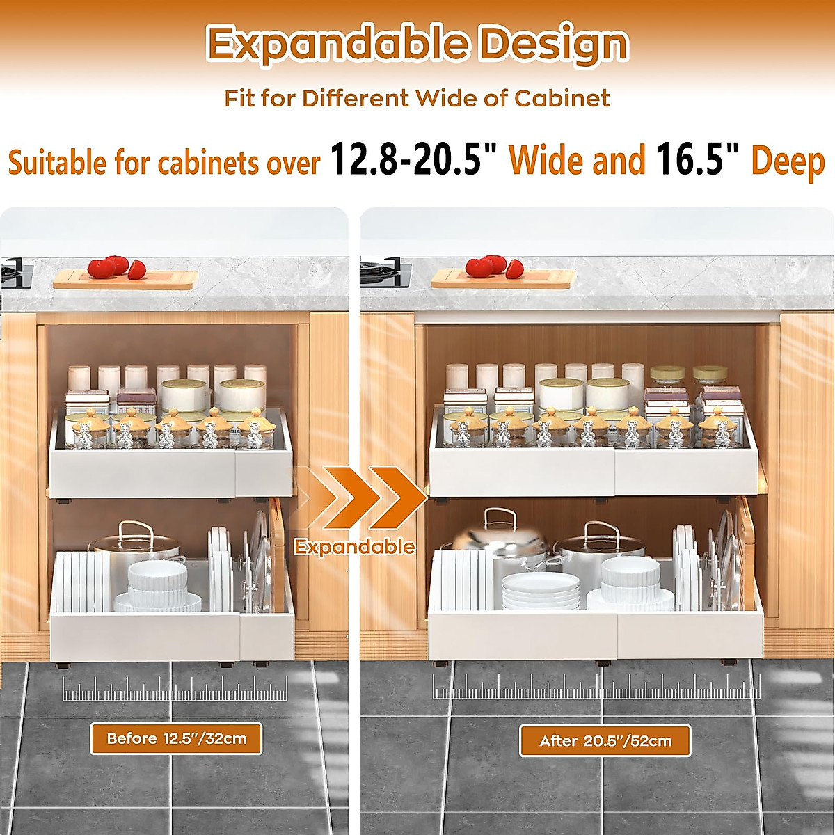 Pull Out Cabinet Organizer Pull Out Drawers for Cabinets with 4pcs Divider Racks, 12.8"-20.5" W and 16.5" D Adjustable Heavy Duty Cabinet Pull Out Shelves Kitchen Cabinets Slide Out Drawers