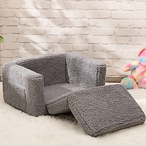 ALIMORDEN 2-in-1 Flip Out Cuddly Sherpa Toddler Couch, Convertible Sofa to Lounger, Grey