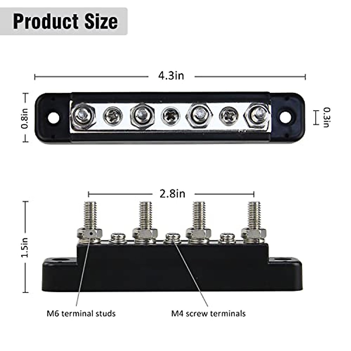 Bus Bar Battery Power Distribution Block, 4 X M6 Terminal Studs, 3 X M4 Terminal Screws, Battery Bus Bar for Car Marine Pickup Trailer RV Boat