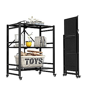 CuHome 3-Tier Foldable Storage Shelves with Wheels, Metal Folding Organizer Rack, Collapsible Shelves Heavy Duty Shelving Units for Kitchen Garage (3-Tier)