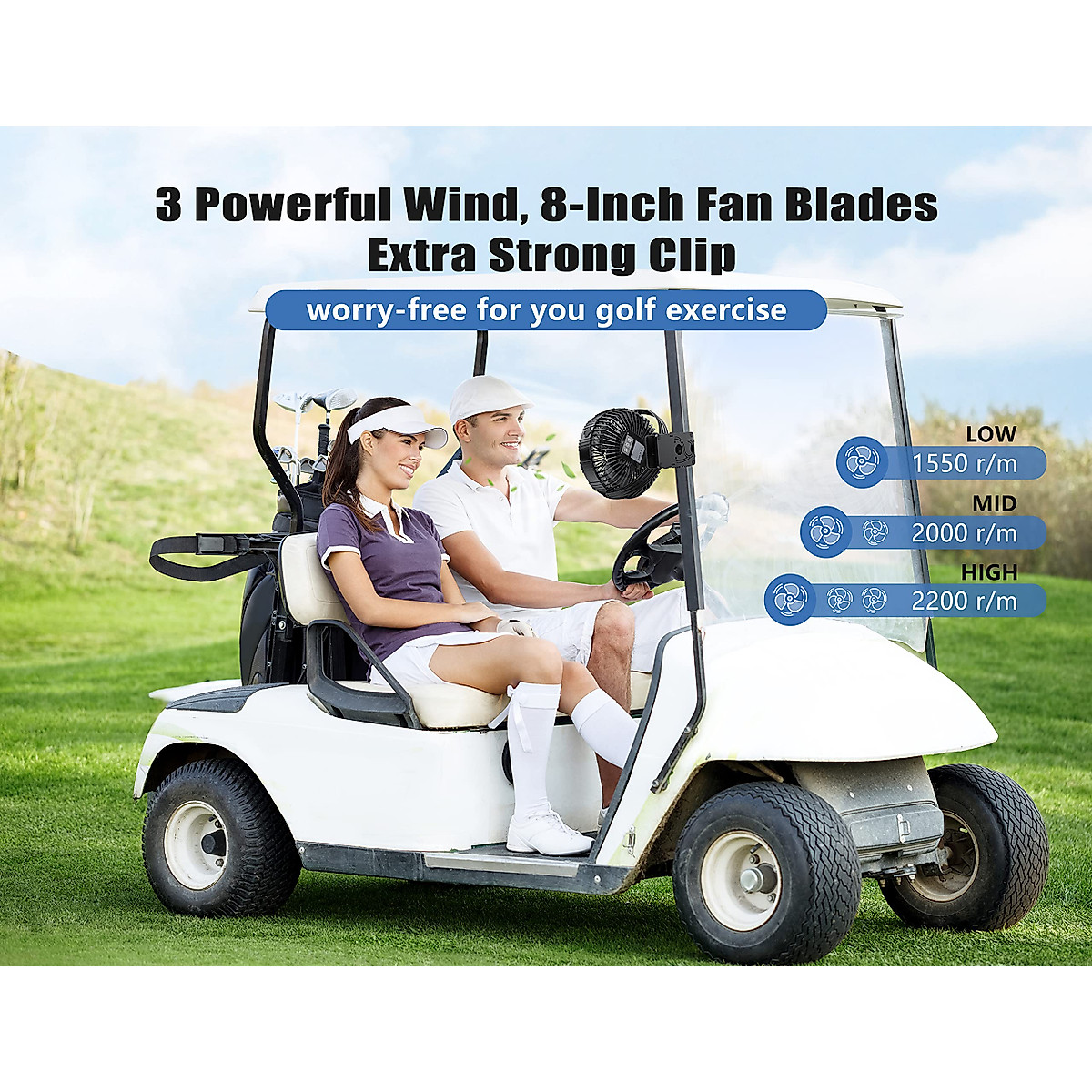 GRANDFAST Battery Operated Misting Fan，10000mAh Rechargeable Spray Fan with Clip and Hook, 360 ° Rotatable with Timer Setting Mister Cooling Fan for Golf Cart Travel Beach Patio Boat Canopy