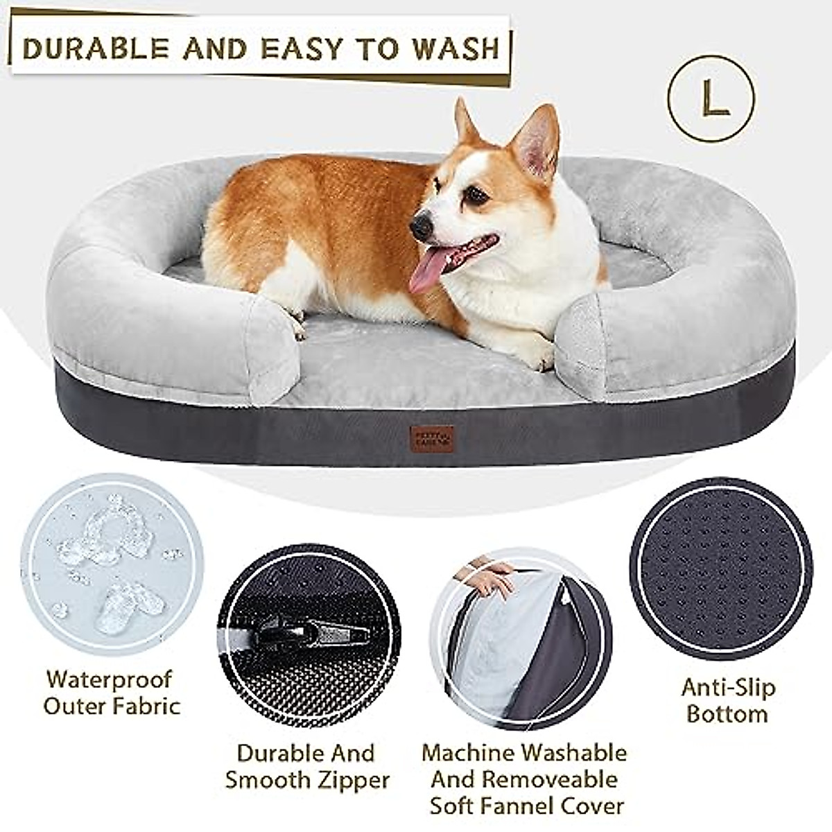 pettycare Orthopedic Dog Bed for Large Dogs with Memory Foam, Waterproof Pet Bed Soft Sofa with Washable Removable Cover Anti-Slip Bottom, Extra Head and Neck Support Sleeper, 38” Grey