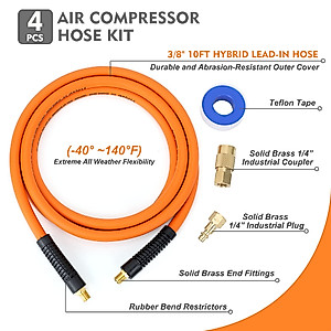 FYPower Air Compressor Whip Hose 3/8 Inch x 10 Feet Lead in Hybrid Hose with Fittings, Flexible and Kink Resistant, 1/4" Industrial Quick Coupler and Plug Kit