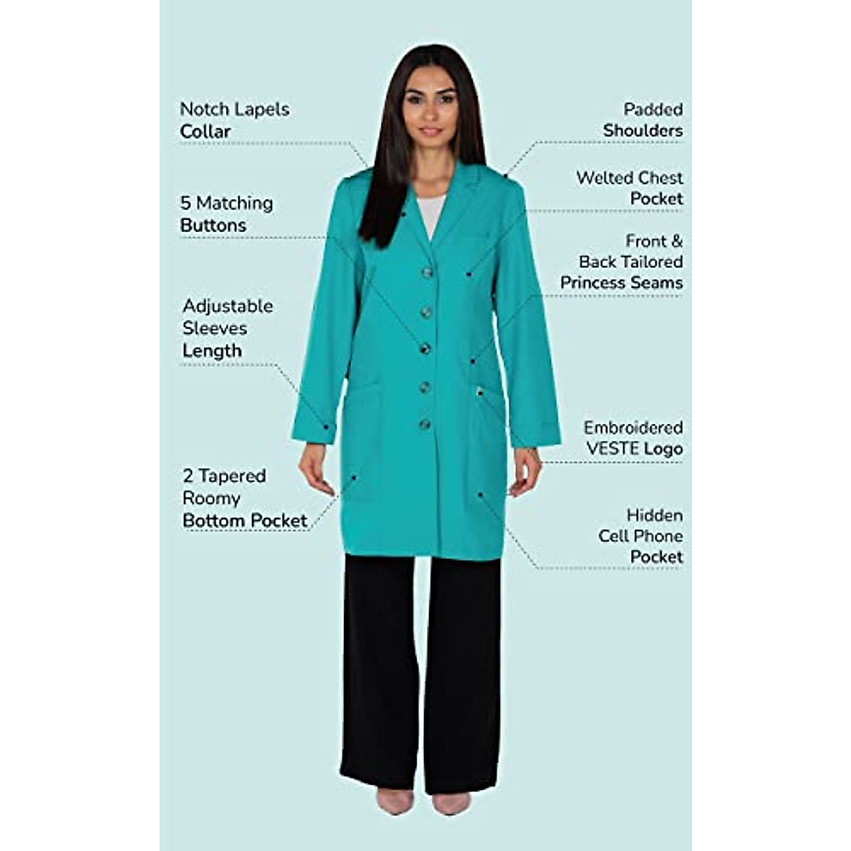 Veste Destiny Colored Women Lab Coat - 5 Pockets 38" Long Laboratory Coat - Female Medical & Science Labcoats 12 Colors in S,M,L with Adjustable Sleeve (Dark Green, Medium)