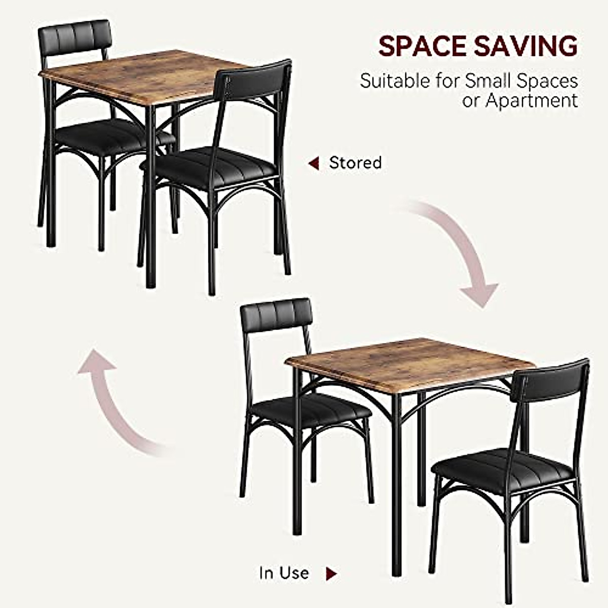 GAOMON Dining Table Set for 2, Kitchen Table and Chairs for 2 with Upholstered Chairs, 3 Piece Dining Room Table Set, Square Kitchen Table Set for Small Space, Apartment, Studio, Rustic Brown