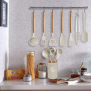 MIBOTE 17 Pcs Silicone Cooking Kitchen Utensils Set with Holder, Wooden Handles BPA Free Non Toxic Silicone Turner Tongs Spatula Spoon Kitchen Gadgets Utensil Set for Nonstick Cookware (Khaki)