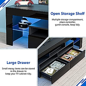 HAKFOO Modern LED TV Stand for 70/65/55 inch TV, Modern Entertainment Center with 1-2 Storage Drawers, High Gloss TV Cabinet,Television Stand for Living Room,APP/Remote RGB Light (Black 1, 63inch)