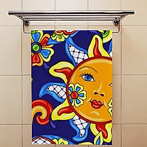 ZHONGJI Hand Towels 2 Piece Mexican Talavera Cute Pattern Blue Comfortable Skin-Friendly Non-Fading Bathroom Spa Kitchen Hotel Bath Gym Running 30X15 Inch