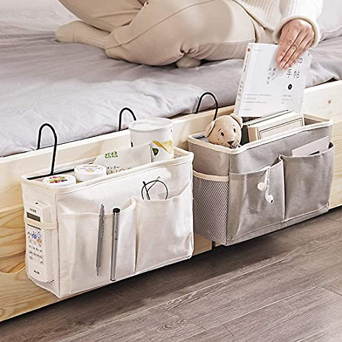 KonHaovF 2Pack Bedside Organizer Caddy Hanging with Hook, Bed Storage Pocket for Dorm Kids Room Top Bunk Bed Loft Bed, Bedside Storage for Phone Remote Control Laptop Books (White)