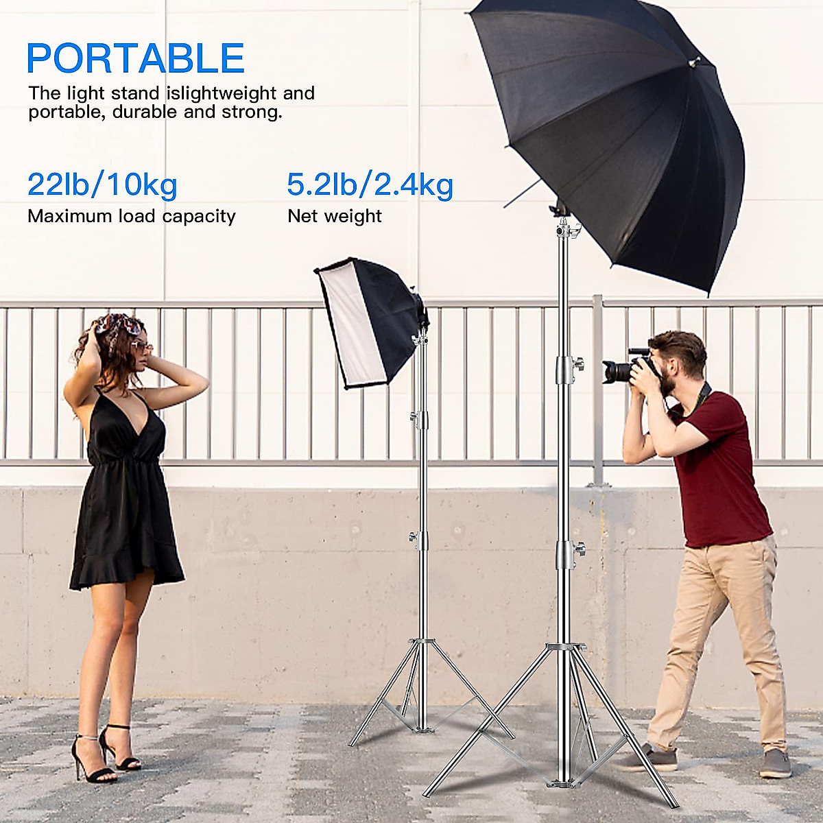 SUPON 2 Packs Stainless Steel Light Stand 110" /2.8m, Spring Cushioned Heavy Duty Tripod Stand with 1/4-inch to 3/8-inch Universal Adapter for Photography Studio Monolight Softbox Reflector Portrait