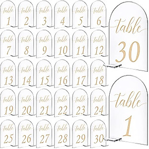 Vicenpal 30 Sets Arch Acrylic Sign Gold Printed 1-30 Table Signs with Stands Calligraphy Clear Table Number Display Stand for Wedding Reception Event Party Restaurant Centerpieces Decor (4 x 6 Inch)