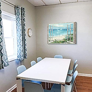 ARTISTIC PATH Window Picture Seascape Wall Art: Sailboat Beach Scene Artwork Painting on Canvas for Office (45" W x 30" H,Multi-Sized)