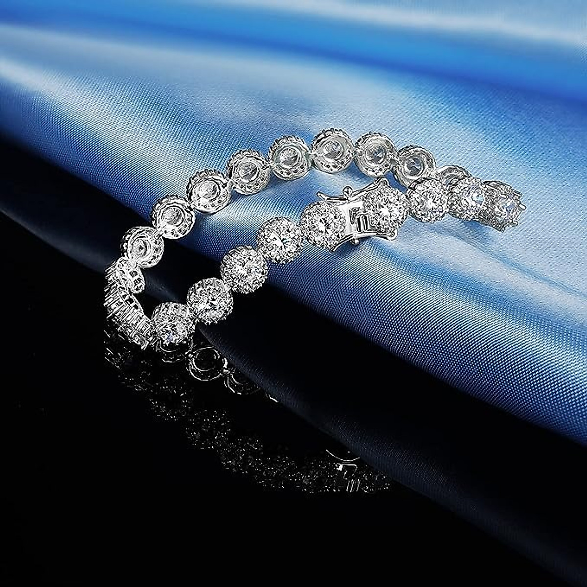 Gemsme 18K White Gold Plated Cubic Zirconia Tennis Necklace/Bracelet/Stud Earrings Set for Women Men Hypoallergenic Silver Halo Jewelry Pack of 3