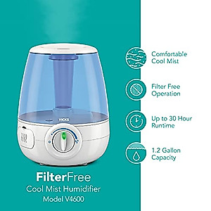Vicks Filter-Free Ultrasonic Cool Mist Humidifier, Medium Room, 1.2 Gallon Tank-Humidifier for Baby and Kids Rooms, Bedrooms and More