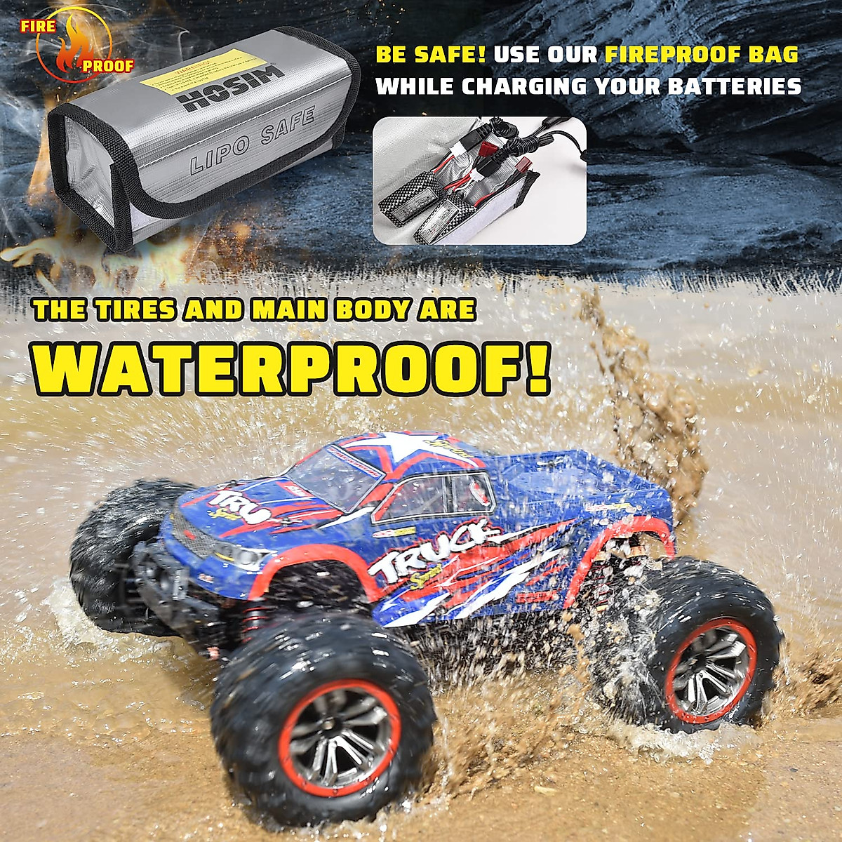 Hosim 1:10 Large Size 48+ KMH 4WD High Speed RC Monster Trucks,Hobby Grade RC Cars for Adults Boys Remote Control Vehicle 2 Batteries for 40+ Min Play Gift for Kids(Blue)