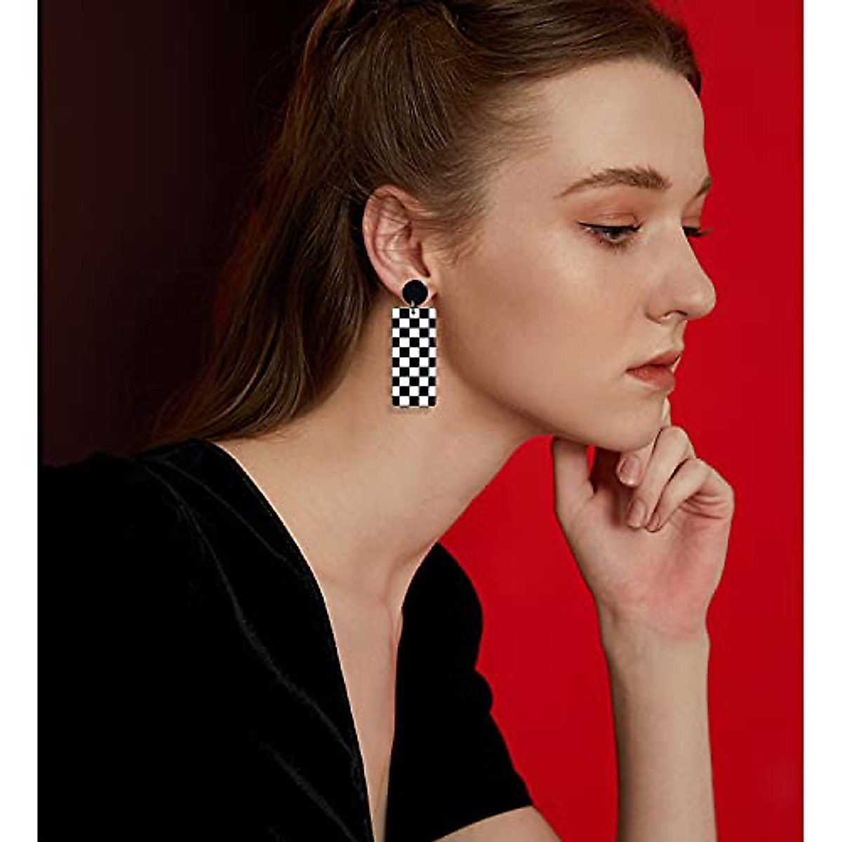 WUWEIJIAJIA Unique Acrylic Black White Striped Checkered Dangle Drop Earrings Heart Flower Pattern Stud Earrings for Women Statement (Style-5)