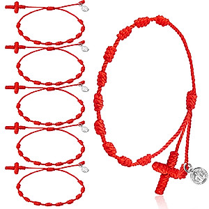 Yinkin 30 Pieces St Benedict Medal Rosary Bracelet Bulk Adjustable Knot String Braided Bracelet Baby Protection Mexican Bracelets with Mesh Bags for Women Men Girls Boys Minimalist Jewelry (Red)