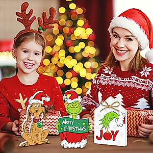 3pcs Christmas Wooden Table Signs, Funny Dog Centerpieces Christmas Tiered Tray Decorations Set for Xmas Holiday Winter Parties Indoor Home JOY Table Top Sign Decor