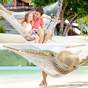 Y- STOP Hammocks, Traditional Cotton Rope Hammock with Chains and Hooks for Outdoor, Indoor, Patio Yard, Double Solid Wood, for Two Person, Max 440 Lbs (Natural)
