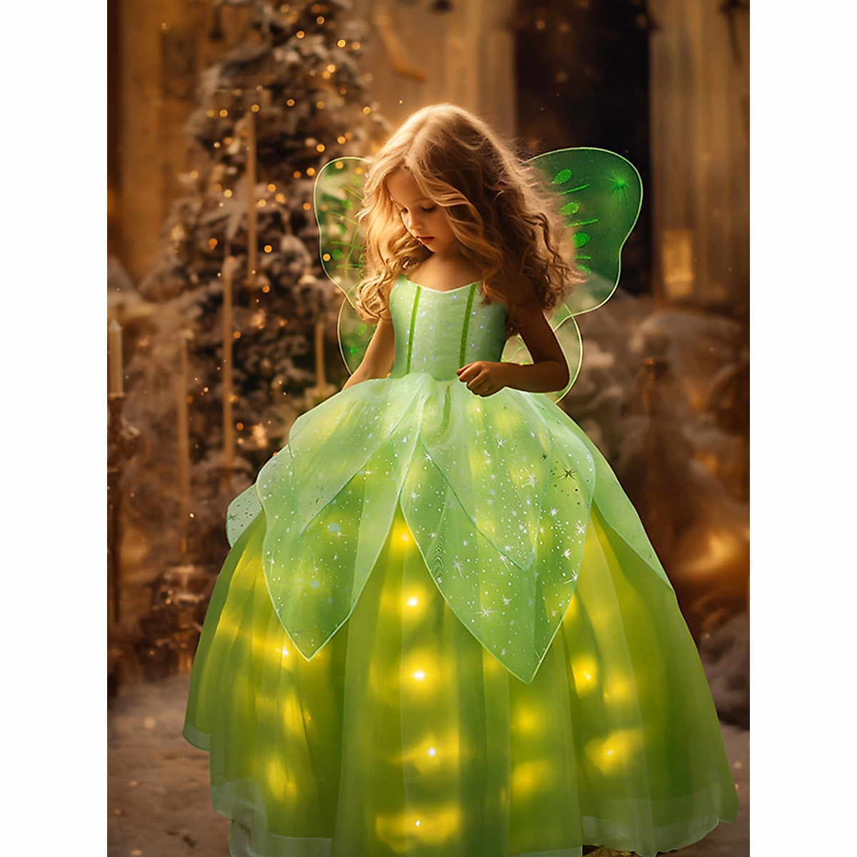 UPORPOR Light Up Fairy Costumes Girls Halloween Dress Kids Dressing Up Clothes Birthday Party Fancy led Costume, with Wing Green, 110