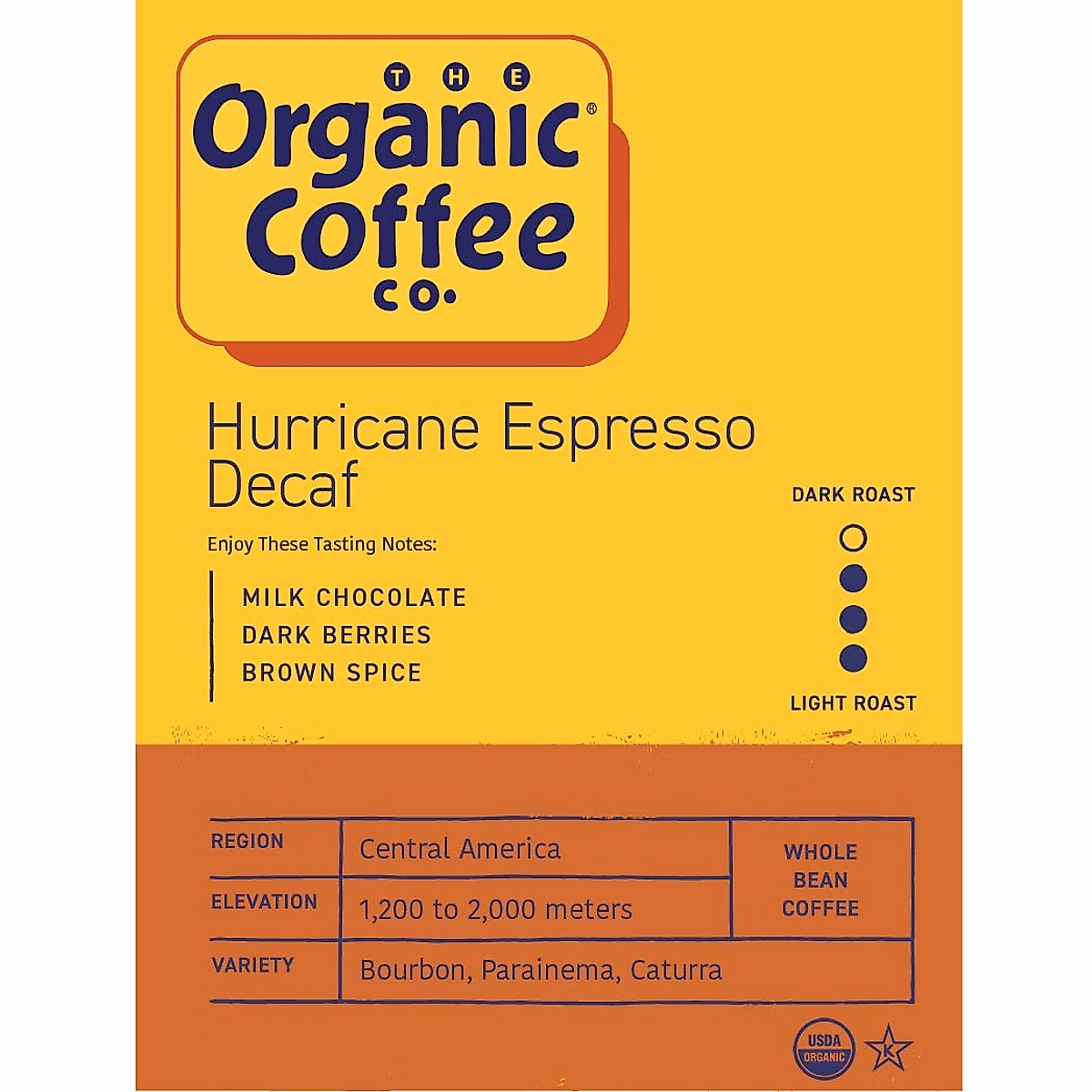 Organic Coffee Co. DECAF Hurricane Espresso Whole Bean Coffee 2LB (32 Ounce) Medium Dark Roast Natural Water Processed Decaffeinated USDA Organic