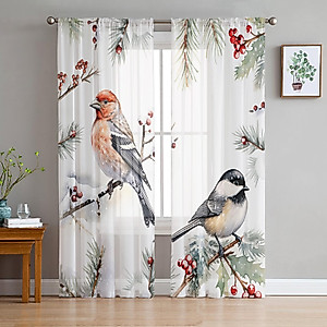 Christmas Semi Sheer Curtains 96 inches Long for Living Room, Christmas Winter Robin Bird on Tree Red Berries Pine Window Treatments Curtains Rod Pocket Light Filter Sheer Bedroom Drapes 2 Panels