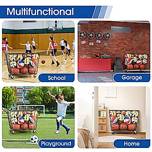 Mythinglogic Rolling Sports Ball Storage Cart, Sports Lockable Ball Storage Locker with Elastic Straps, Stackable Ball Cage for Garage Storage Garage Organizer (Large Set)