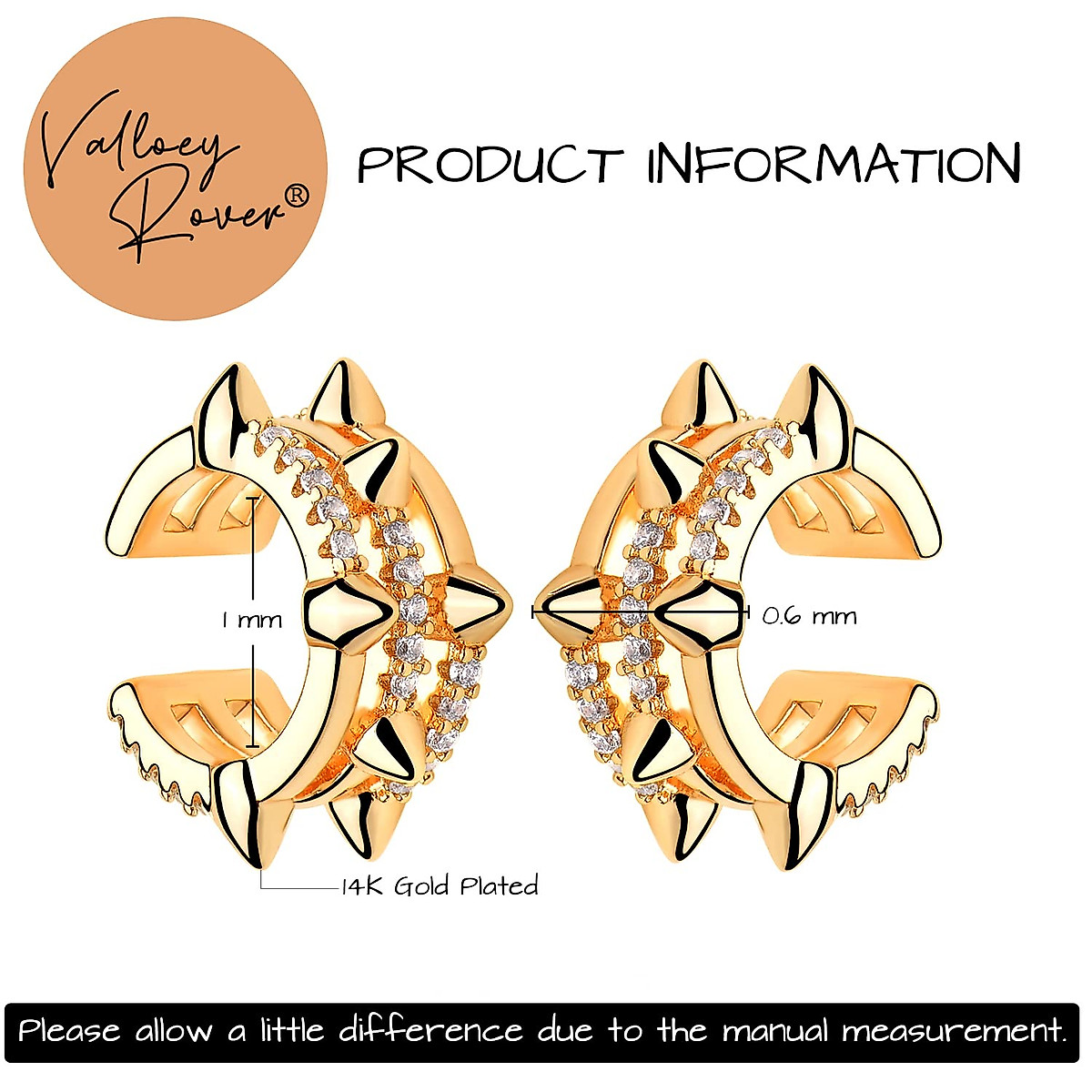 VALLOEY ROVER Women Ear Cuff Earrings CZ 14K Gold Plated Non-Piercing Wrap Earrings Wide Arrow Ear Cuff Clips Huggie Ear Cuffs Set of 2