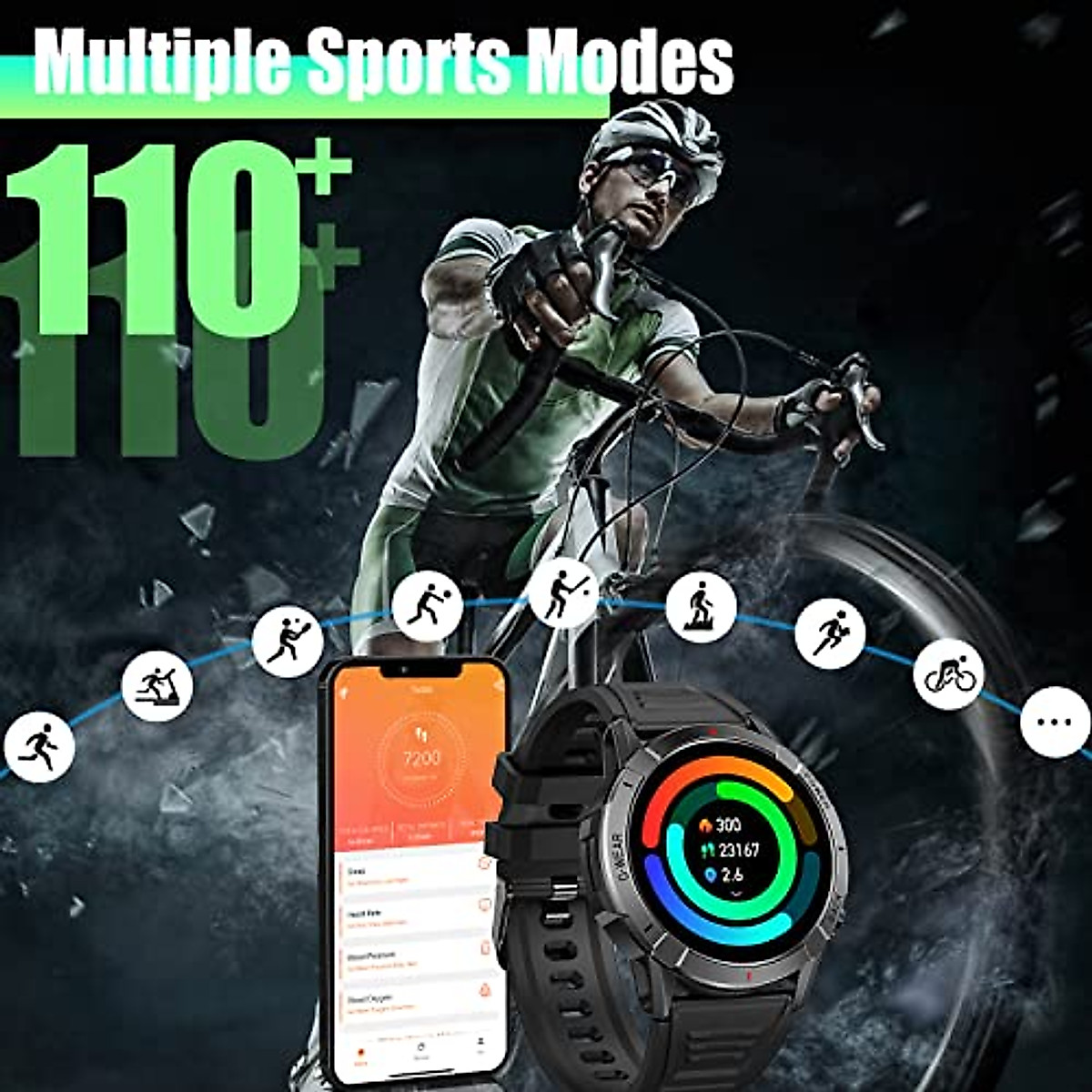 Military Smart Watches for Men with Bluetooth Call 1.43" AMOLED Always On Display Rugged Outdoor Tactical Smartwatch with Heart Rate Blood Pressure Sleep Monitor Sports Fitness Watch for Android iOS