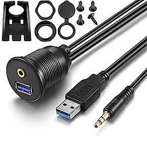 URWOOW USB Flush Mount - 1M 3ft 3.5mm & USB 3.0 AUX Extension Mount, Dash Mount, Flush Mount, Panel Mount Cable, for Car, Boat, Motorcycle