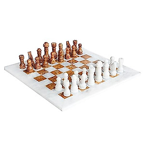 UMAID Handmade Marble Chess Set Board Game with Luxury Velvet Gift Box, 14” White & Brown Elegant Onyx Marble Chess Board, Unique Chess Sets for Adults and Modern Marble Home Decor