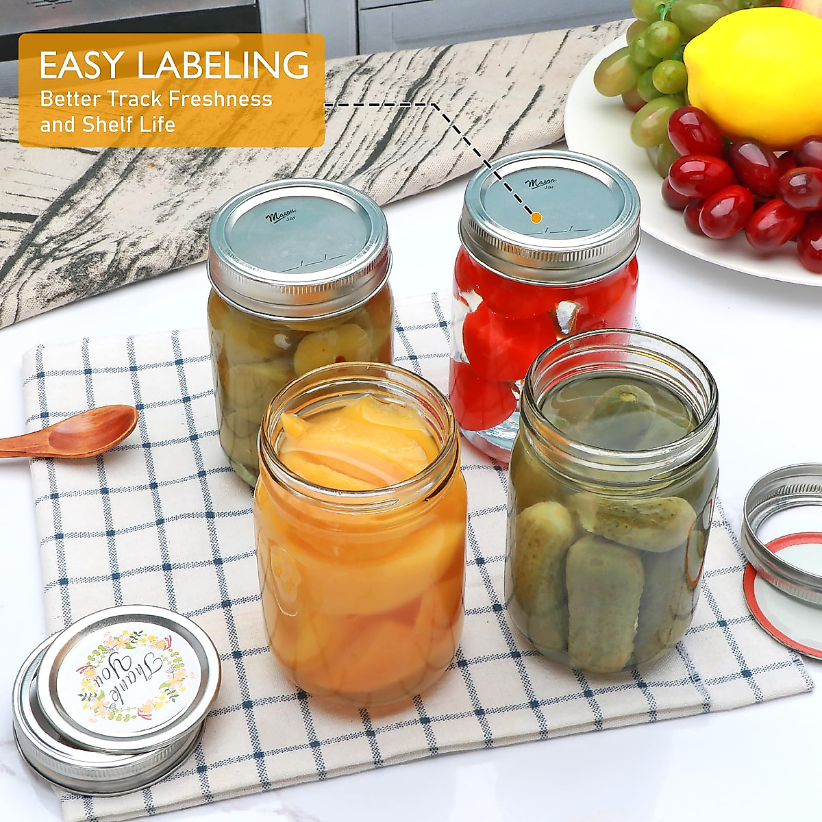 Encheng 12oz Regular Mouth Mason Jars with Lids and Bands,Clear Glass Canning Jars with Metal and Plastic Lids for Preserving,Meal Prep,Food Storage,Jam,Fermenting,Set of 12