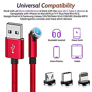 540° Rotating Magnetic Charging Cable (Red 4-Pack 3/3/6/6ft) 3 in 1 USB C Magnetic Phone Charger Cable 2.4A Fast Charge Cord for iPhone Samsung Moto Android Tablet TWS Earphone Gamepad