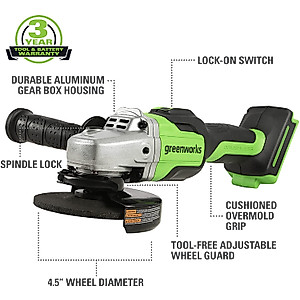 GreenWorks 24V Brushless Cordless 5" Angle Grinder, 10500rpm, 2-Position Auxiliary Handle, Electric Brake, Grinding Wheel, 2.0Ah USB Battery and Charger Included