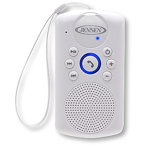 Jensen Bluetooth Rechargeable Shower Speaker, Water Resistant Mylar Speaker and Built-in Speaker and Microphone, Built-in Rechargeable Lithium Battery with USB Charger Cable Included