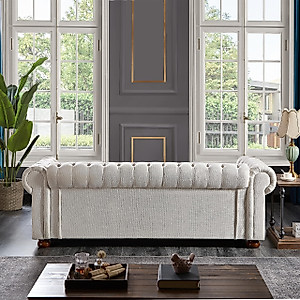 kevinplus 88.5'' Chesterfield Sofa Couch for Living Room, Classic Modern 3-Seat Upholstered Tufted Rolled Arm Sofa Couch for Apartment Bedroom Office, Solid Wood Leg, Linen Fabric, Beige