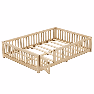 DNYN Full Size Floor Bed for Kids Bedroom,Solid Wood Bedframe w/Door/Safety Guardrails/Wood Slat Support/Easy Assemble/Space Saving Design/No Box Spring Needed, Natural