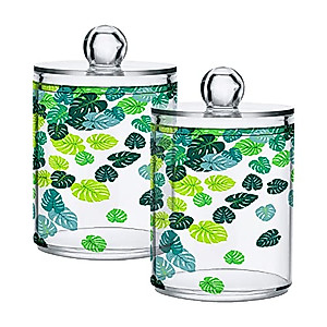 Turquoise Palm Leaves Qtip Dispenser Apothecary Jars Tropical Jungle Bathroom Qtip Holder Storage Canister Plastic Jar 10 Oz for Cotton Ball Swab Round Pads Floss 2pcs