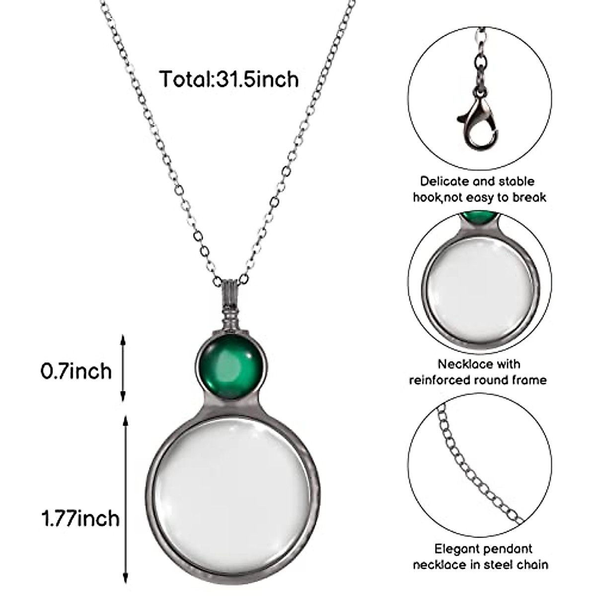 Magnifying Glass Necklace, 10x Magnifying Glass, Vintage Magnifying Glass Pendant Jewelry Reading Magnifie for Books Crafts Jewellery Hobbies (Green)