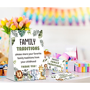 Baby Shower Games Family Traditions Sign, 1 Standing Sign and 50 Cards, Safari Jungle Wild Animal Gender Neutral Decoration, Gender Reveal Party, Bridal Shower Favor Supplies-LT50